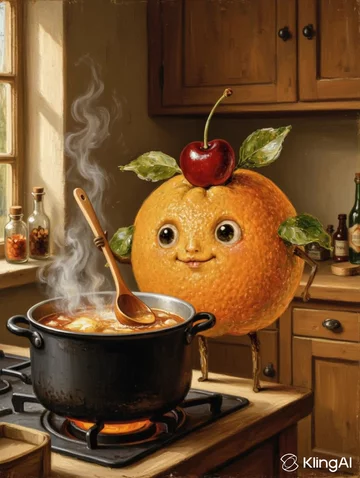 Delicious Soup Cooking In Kitchen With Animated Orange Character | AI Video